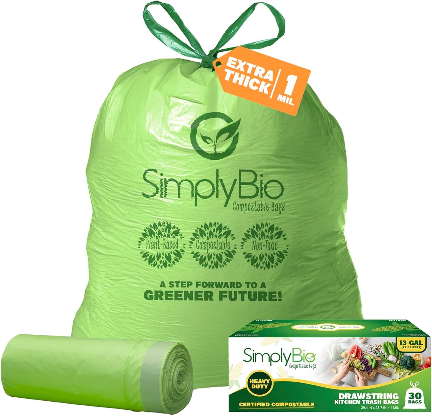 Simply Bio 13 Gallon Compostable Trash Bags Liners Drawstring, Heavy D ...